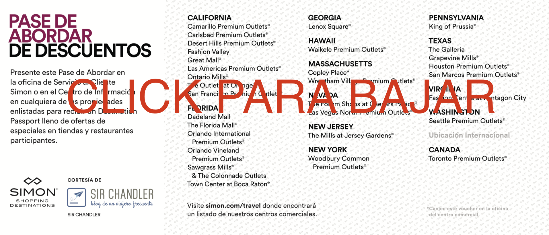 Cuponera de descuentos en Sawgrass y Premium Outlets - Sir Chandler